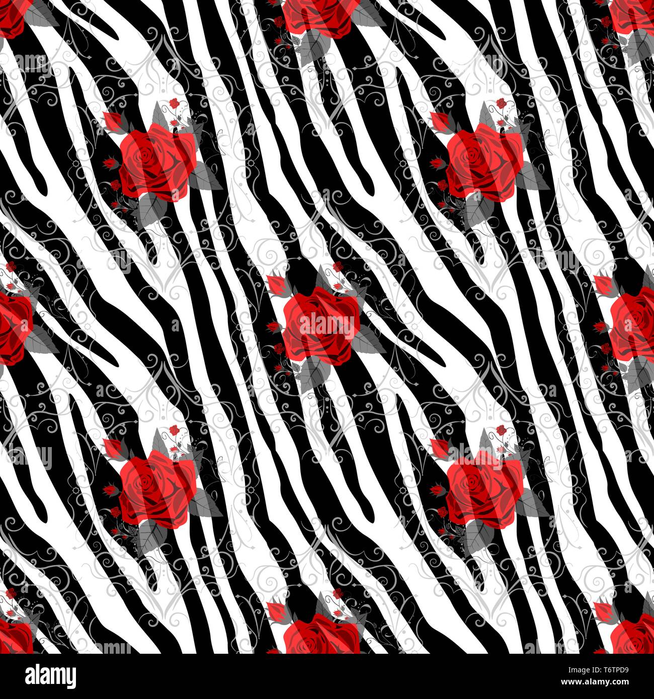 Zebra Stripes with red rose Flowers Seamless Pattern. Zebra print ...
