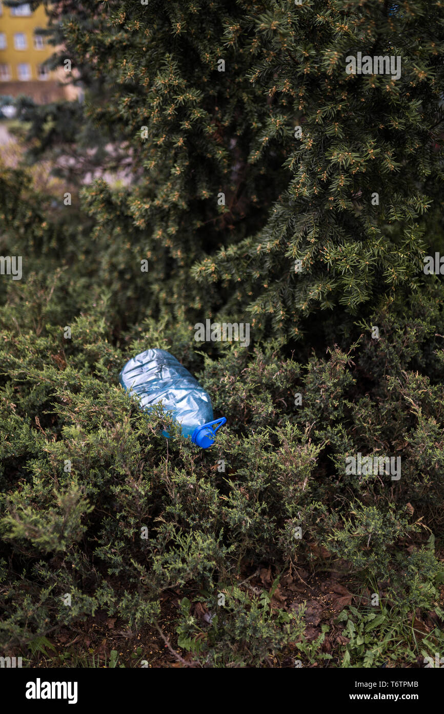 Blue big plastic bottle lying on the ground in tree in a park forest ...
