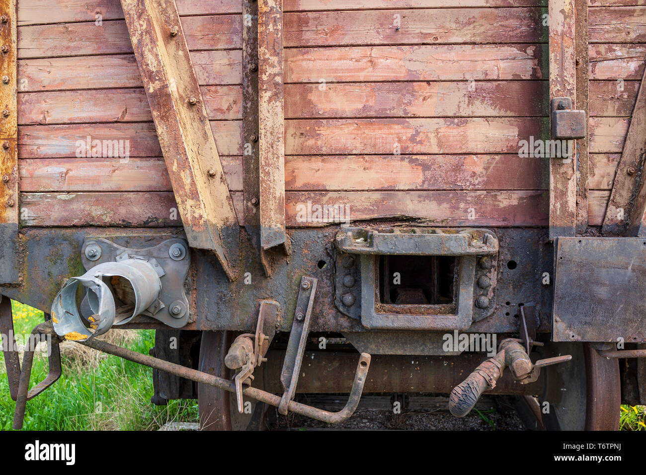 old train details on old railway. wooden planks and metal Stock Photo ...