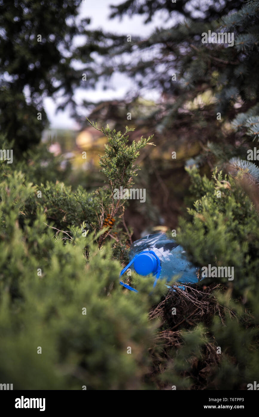 Blue big plastic bottle lying on the ground in tree in a park forest ...
