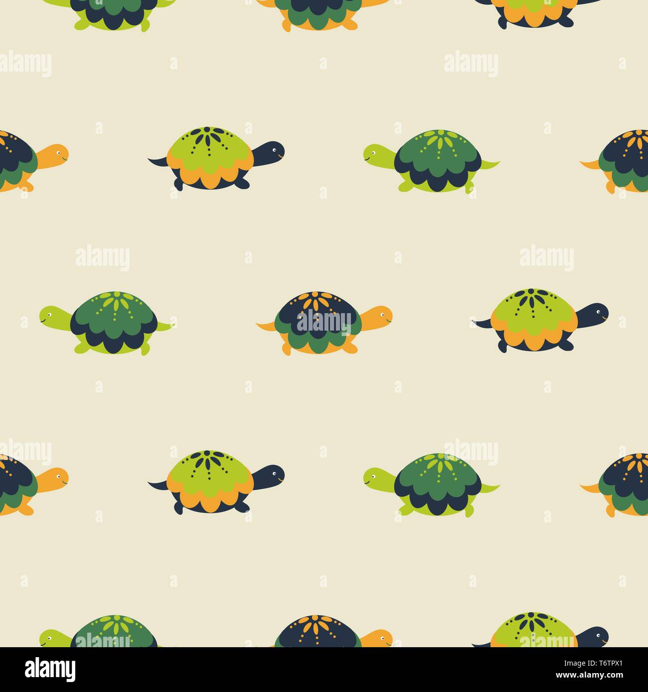 Turtle seamless vector pattern. Cartoon style green fun turtles ...