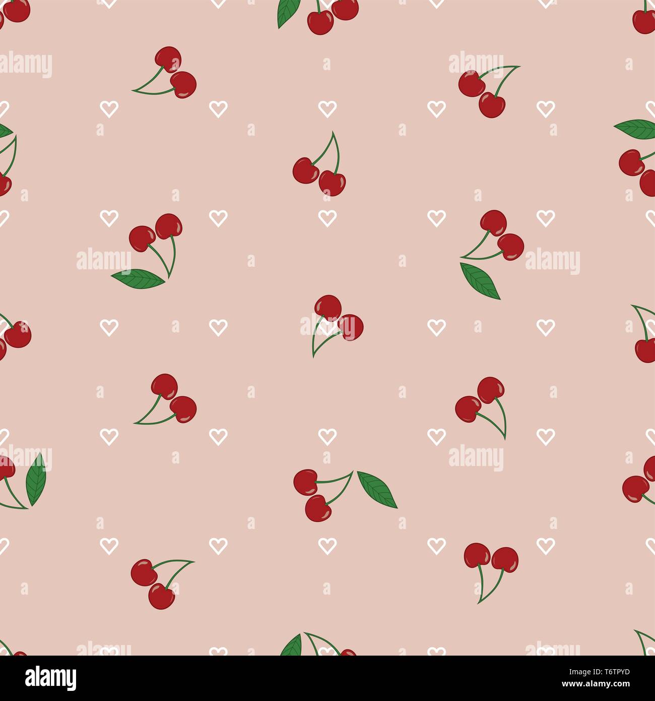 Vector seamless pattern with cherries hearts and leaves on pink ...