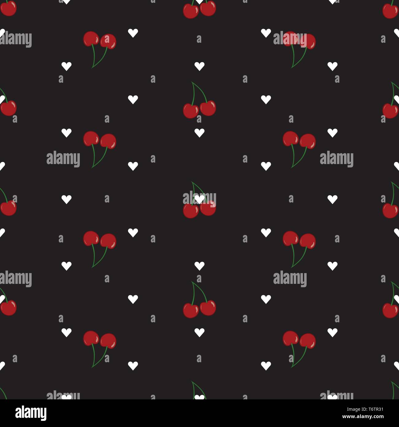 Vector seamless pattern with cherries and hearts on black background ...