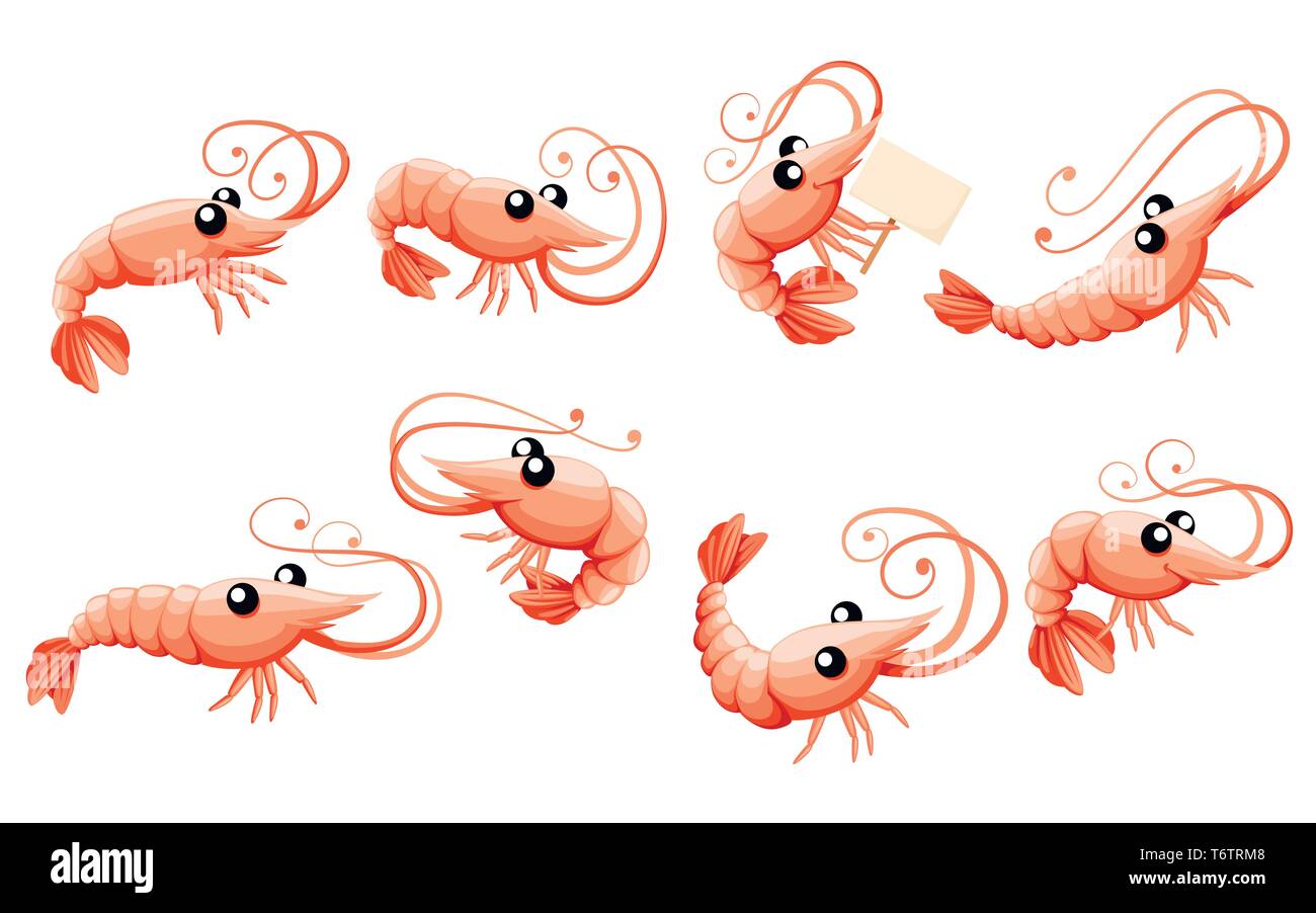 Cute shrimp set. Cartoon animal character design. Swimming crustaceans ...