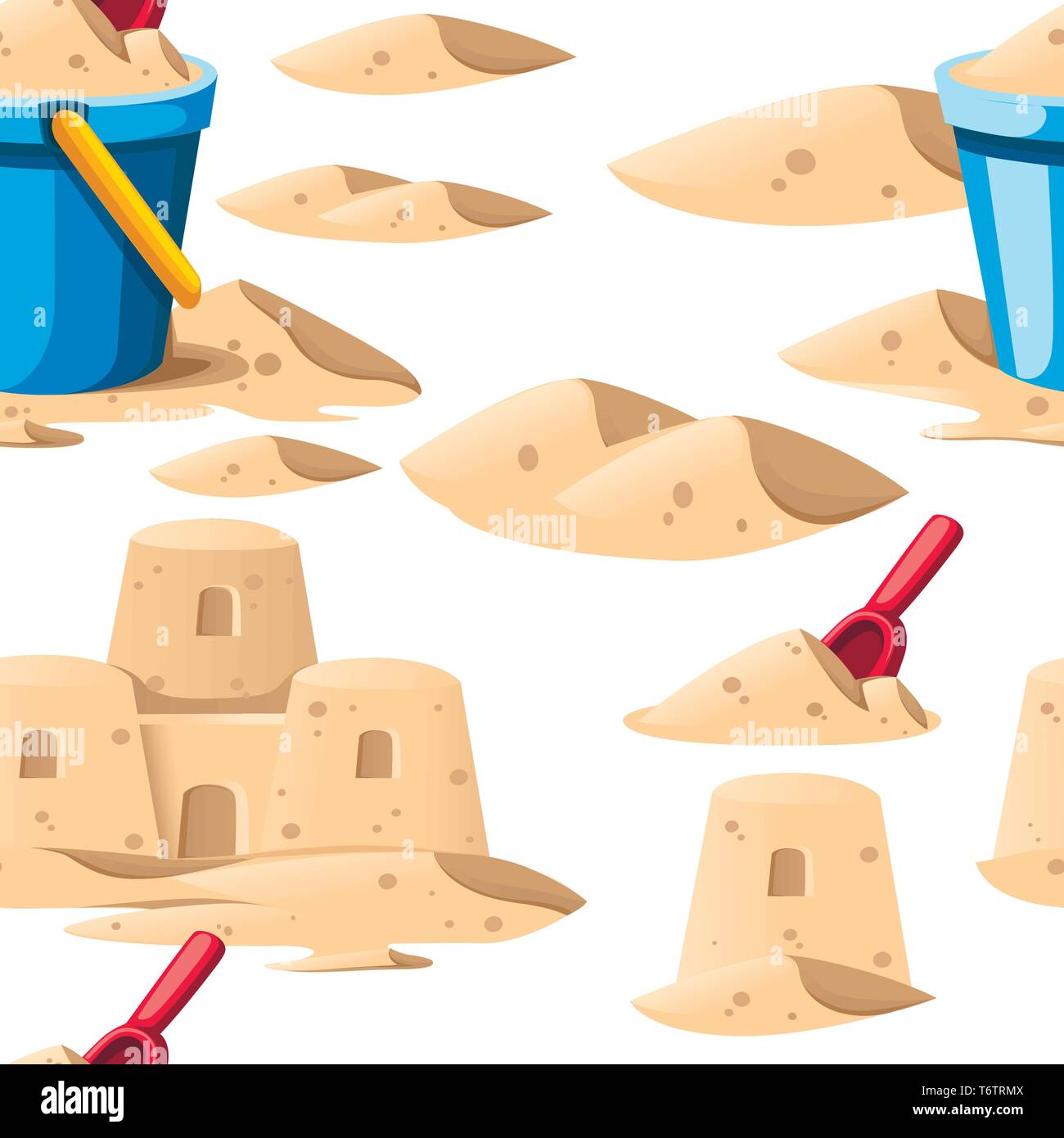 Seamless pattern. Simple sand castle with blue bucket and red shovel ...