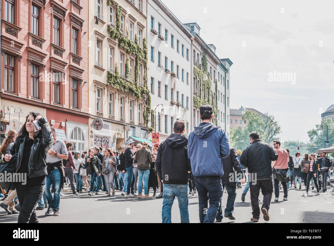 Berlin, Germany - May 01, 2019: Many people on crowded street on labor ...