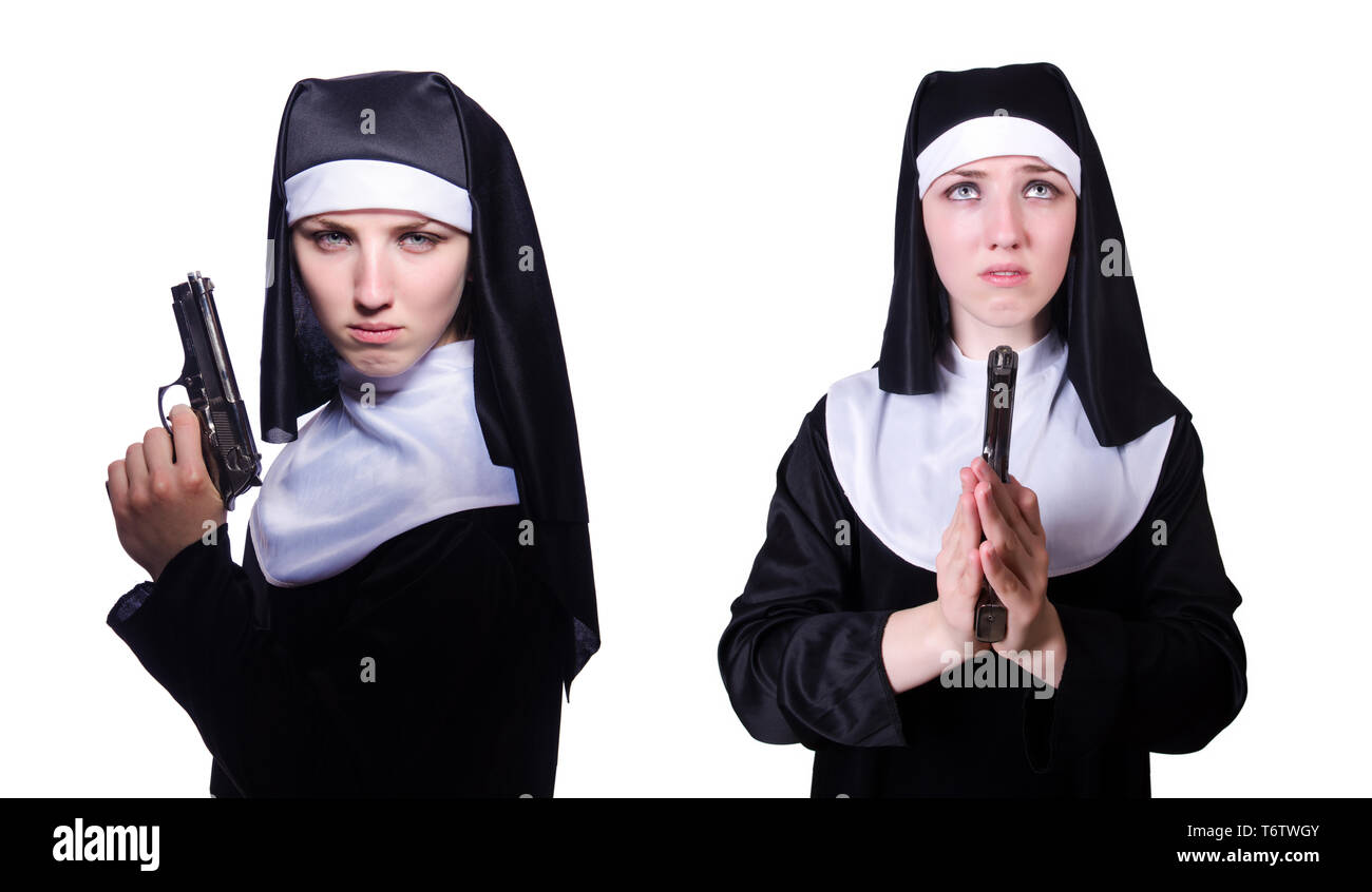 Nun with handgun isolated on white Stock Photo - Alamy