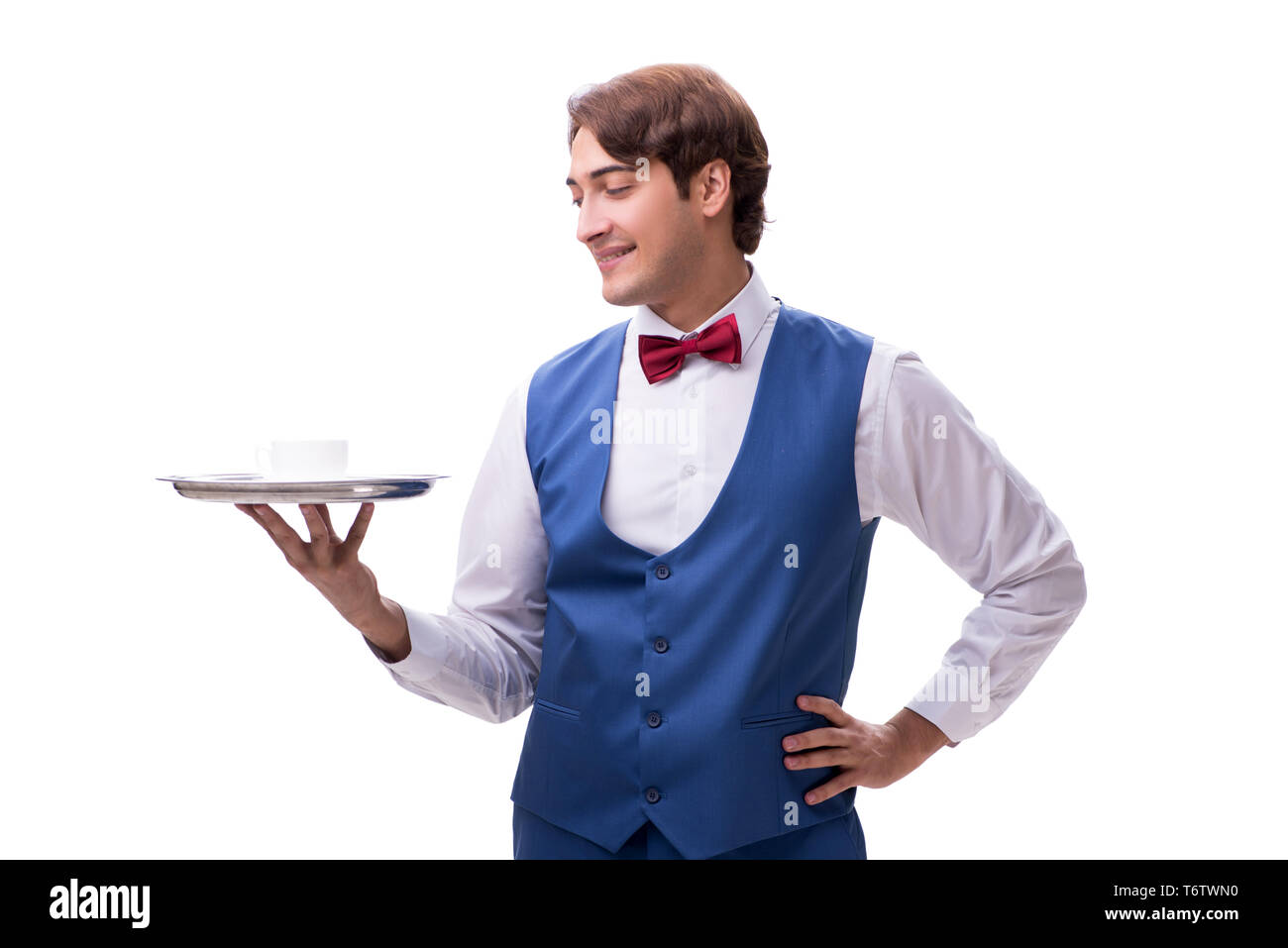 Young waiter isolated on white background Stock Photo - Alamy