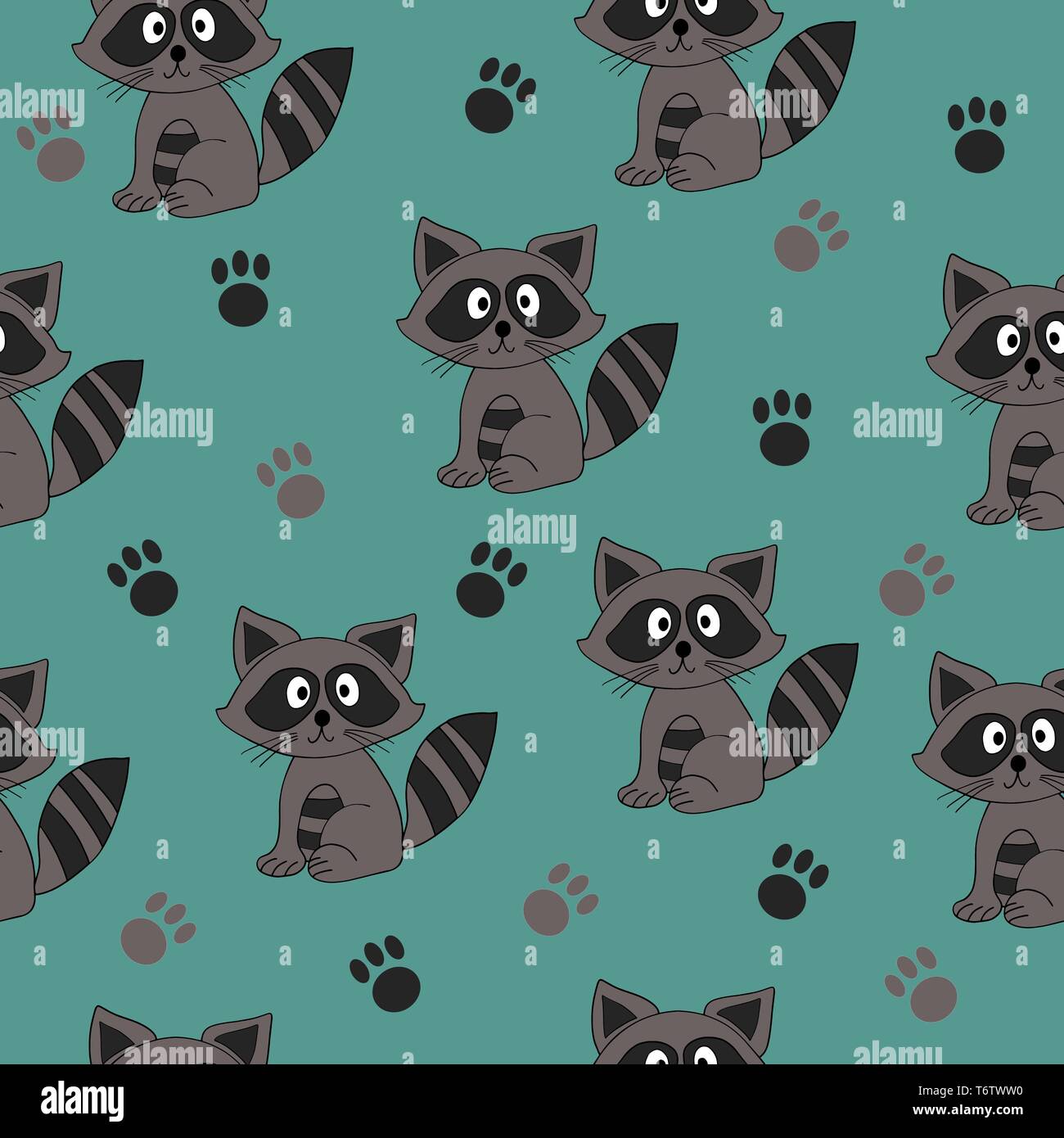 vector seamless pattern with a cute fluffy animal raccoon and paws on a ...