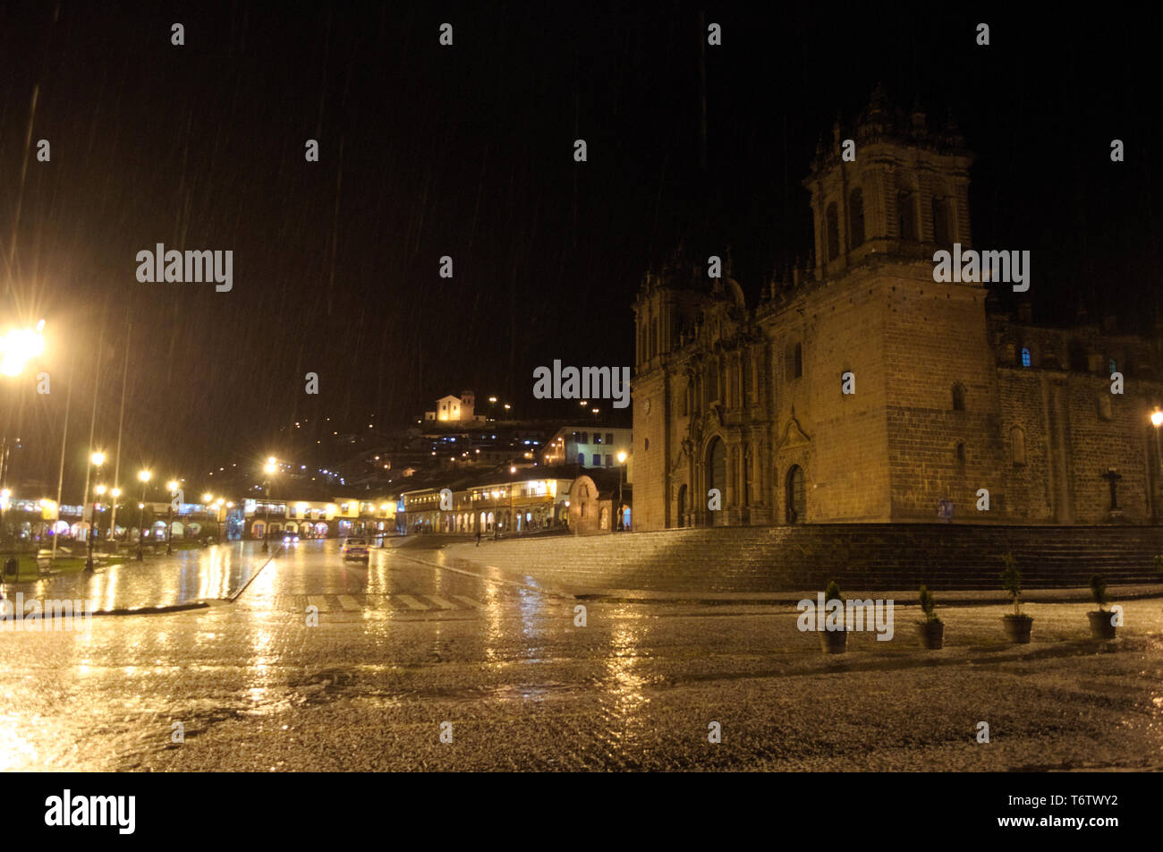Night view of the cathedral of Cusco, Peru, during a storm Stock Photo ...