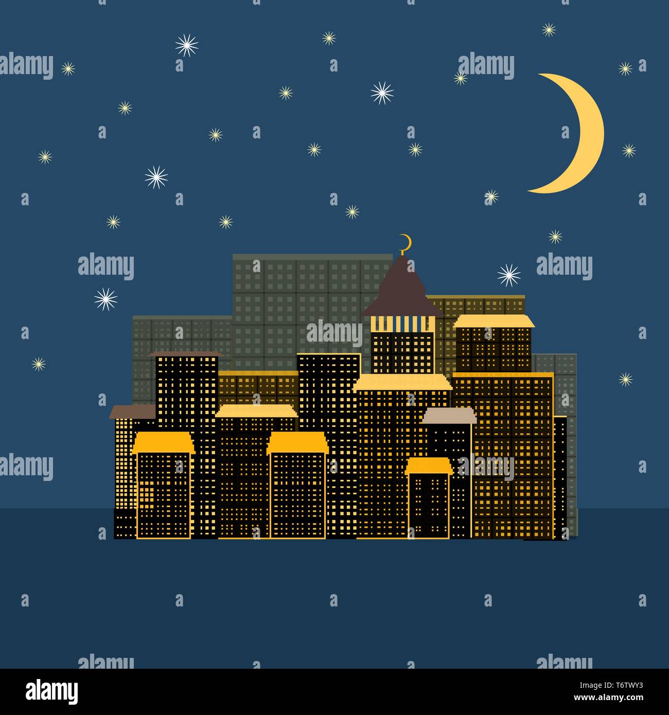 vector view of a night city with windows and tall buildings houses on a ...
