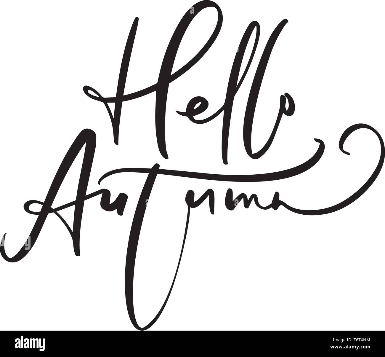 Hello Fall lettering text with autumn leaves and acorns. Hand drawn ...