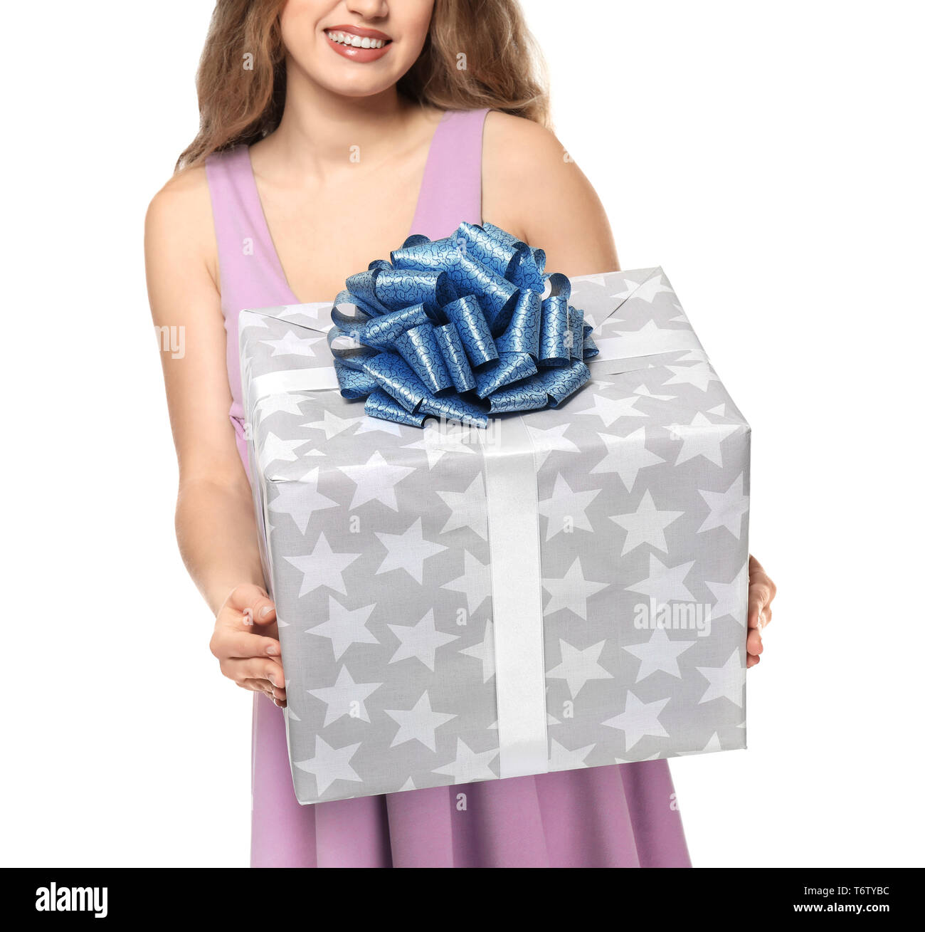 Beautiful young woman with big gift box on white background Stock Photo ...