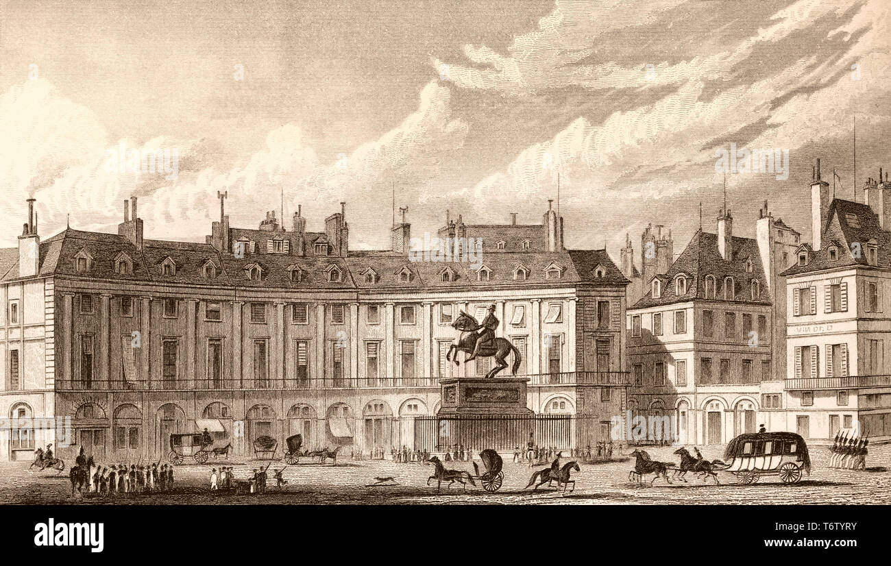 Place des Victoires with statue of Louis XIV., Paris, antique steel ...