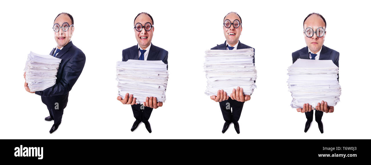 Funny man with lots of folders on white Stock Photo - Alamy
