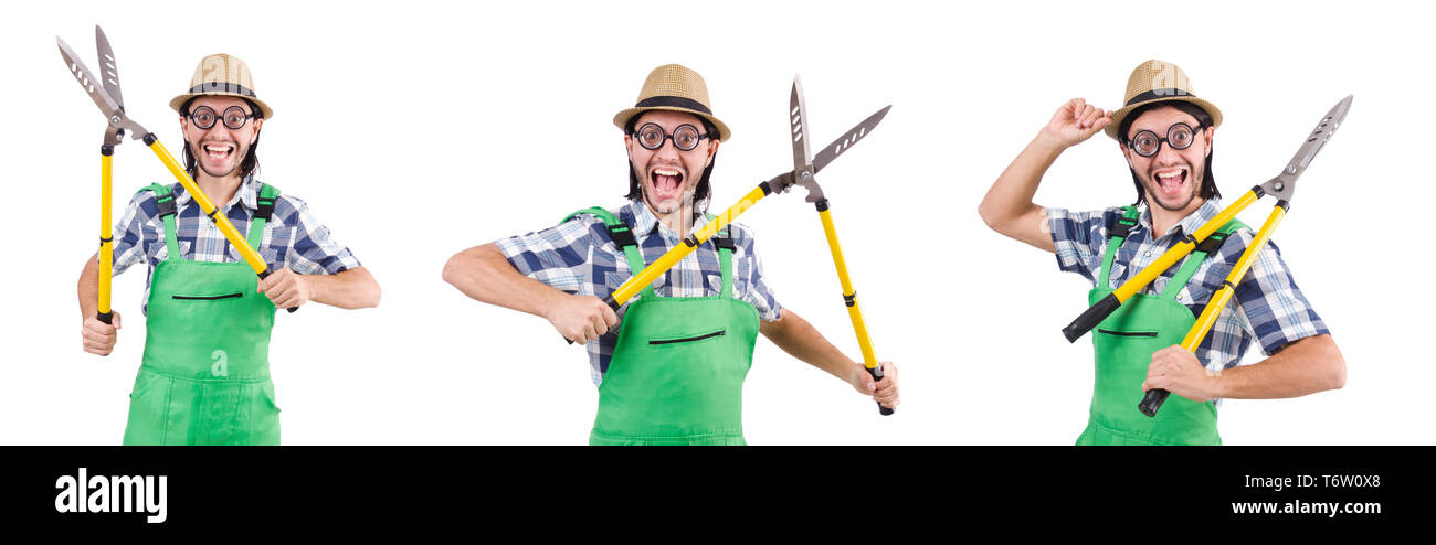 Funny gardener with shears isolated on white Stock Photo - Alamy