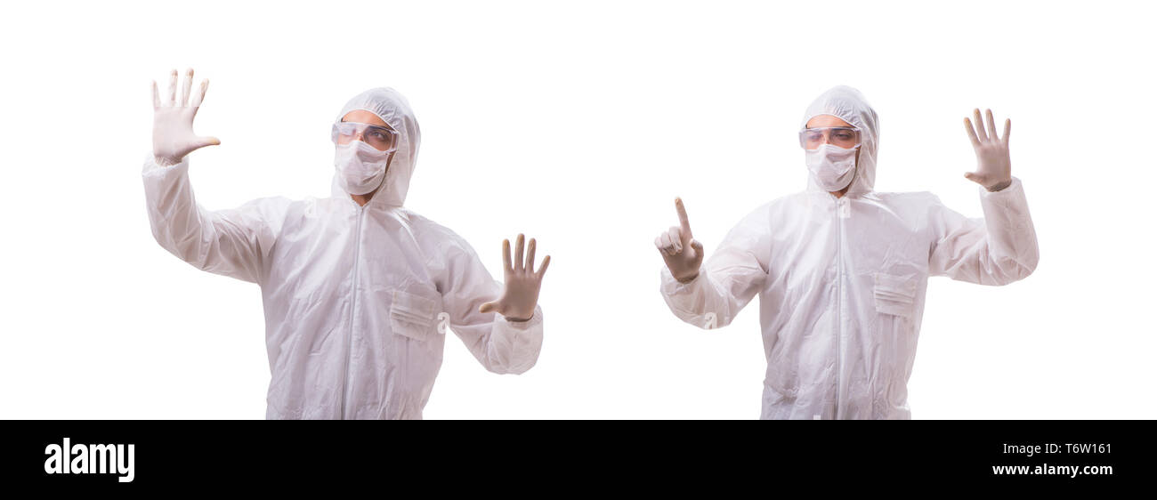 Man in protective suit isolated on white background Stock Photo - Alamy