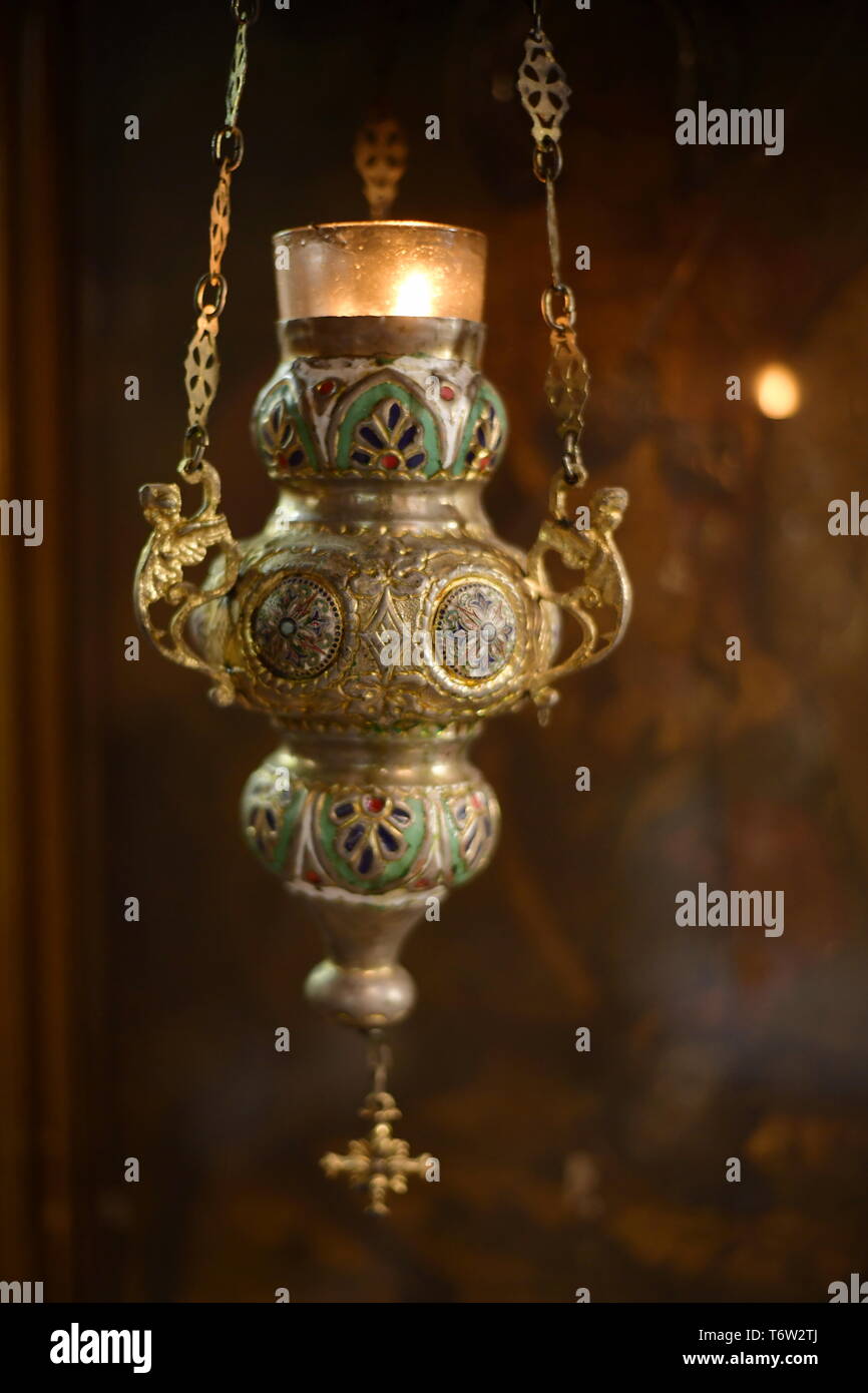 Hanging icon lamp in orthodox church. Orthodox icon lamp. Church ...