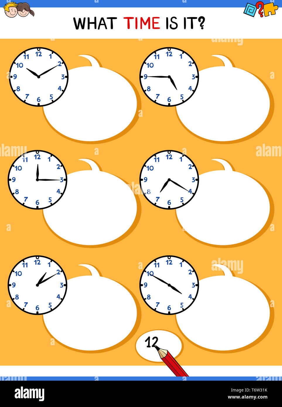 telling time with clock face educational task Stock Photo - Alamy