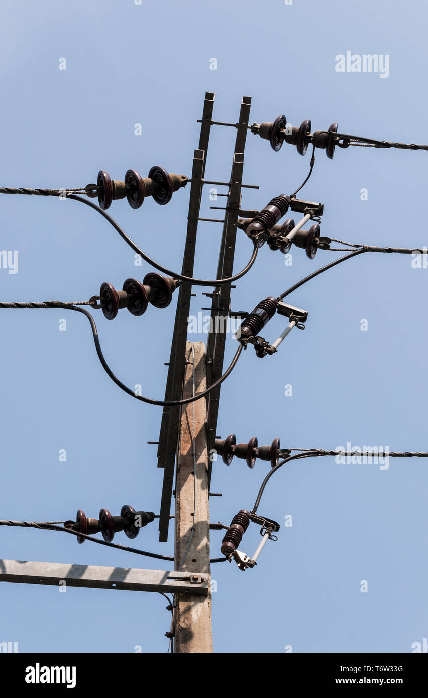 Electric pole for distribution to the village in the rural area Stock ...