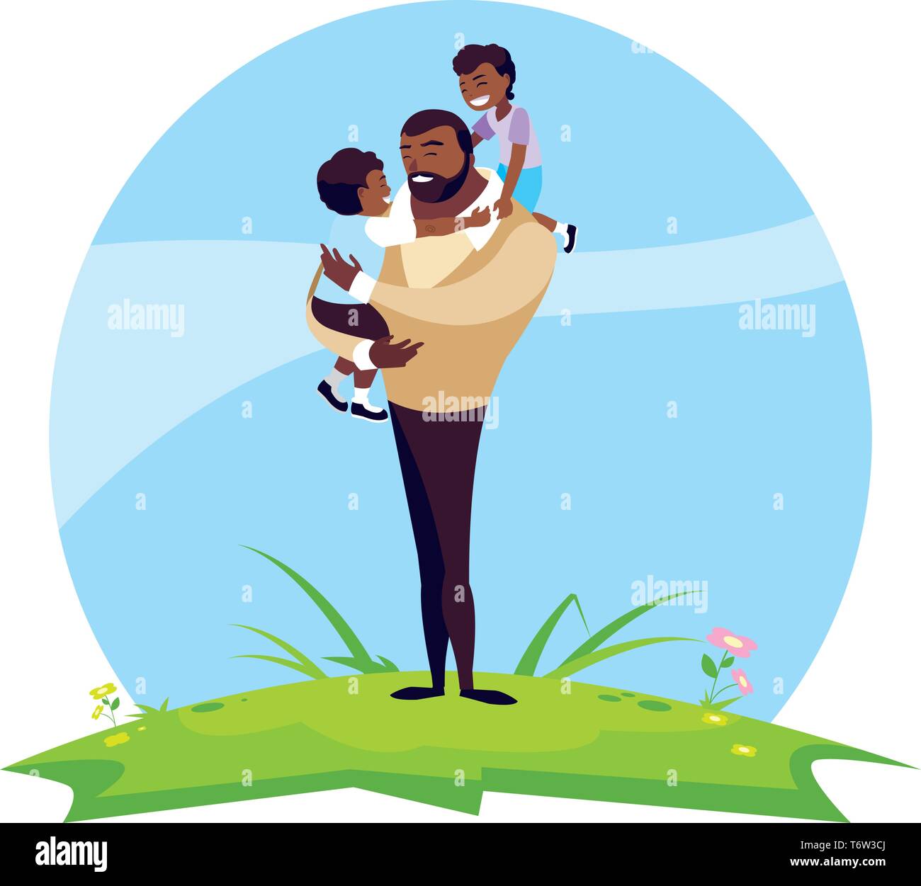afro father with sons characters in the field vector illustration ...