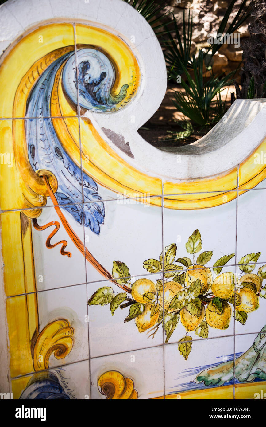 Ceramic tile bench in the Gardens of Augustus on Capri, Italy Stock ...