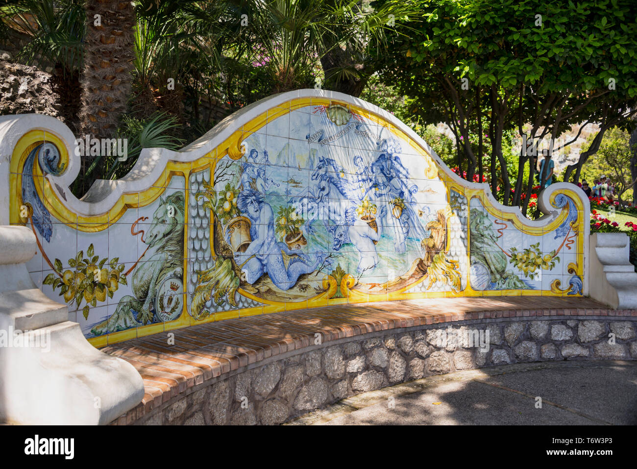 Ceramic tile bench in the Gardens of Augustus on the Island of Capri ...