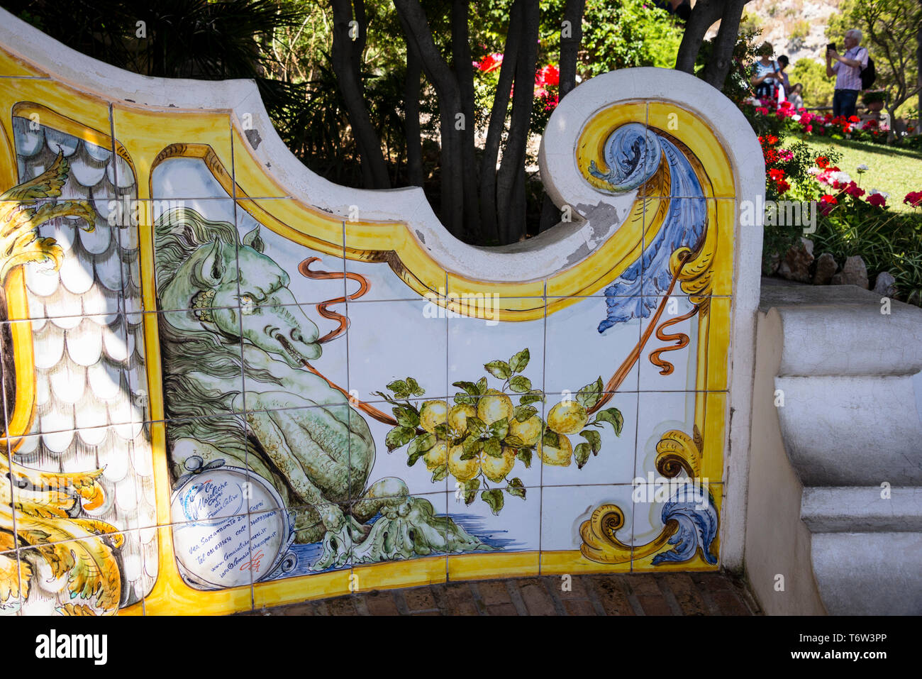 Italian mosaic ceramic tile bench in the Gardens of Augustus on the ...