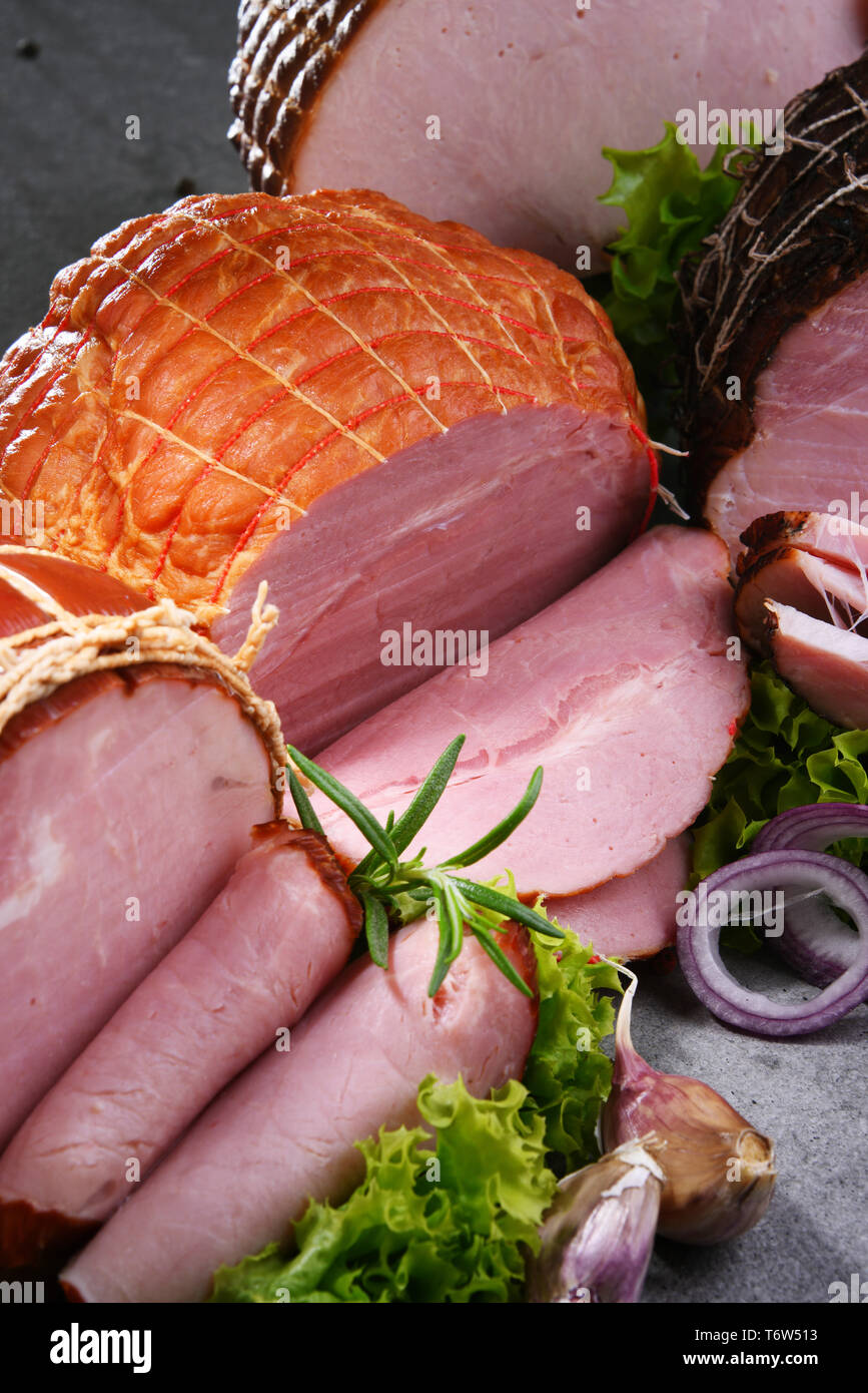 Composition with assorted meat products Stock Photo - Alamy