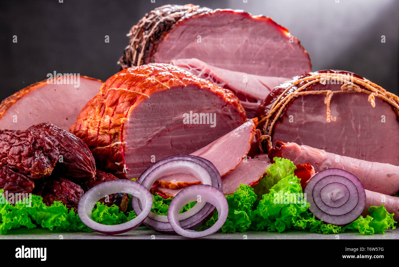 Composition with assorted meat products Stock Photo - Alamy