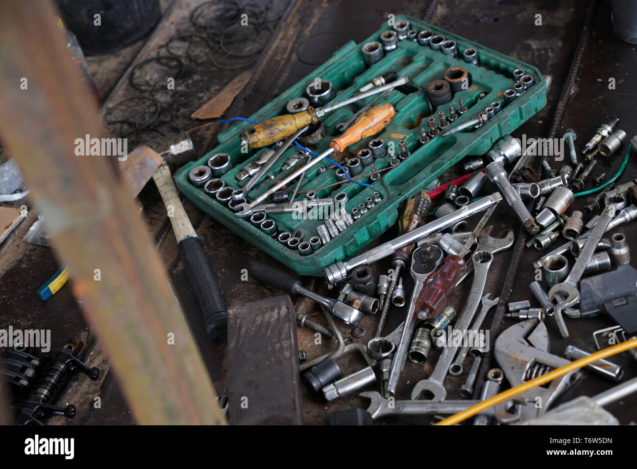 Industrial tools set spread out of box, ready to use Stock Photo - Alamy