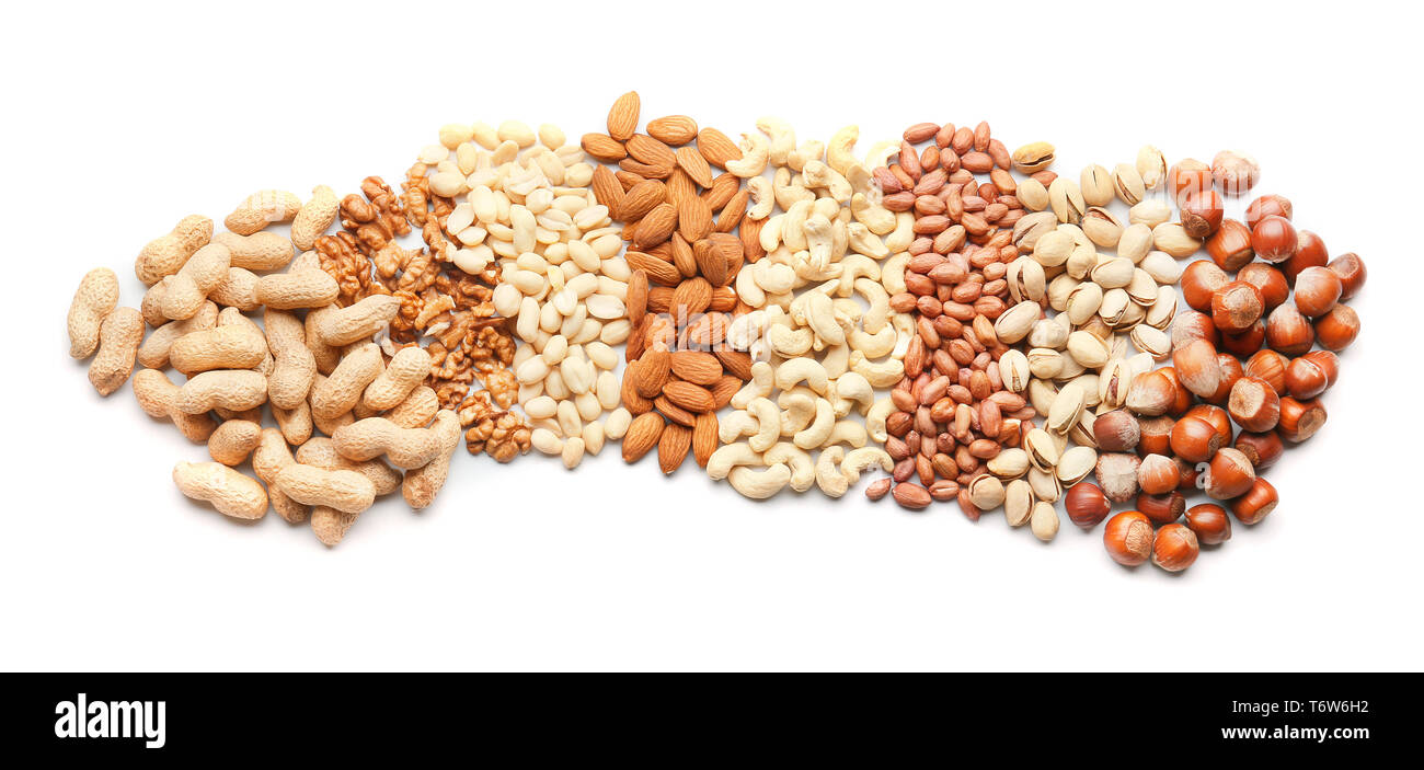 Composition with different types of nuts on white background Stock ...