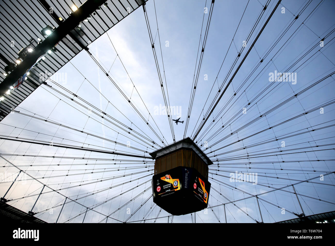 A general view of a plane flying over the stadium ahead of the UEFA ...