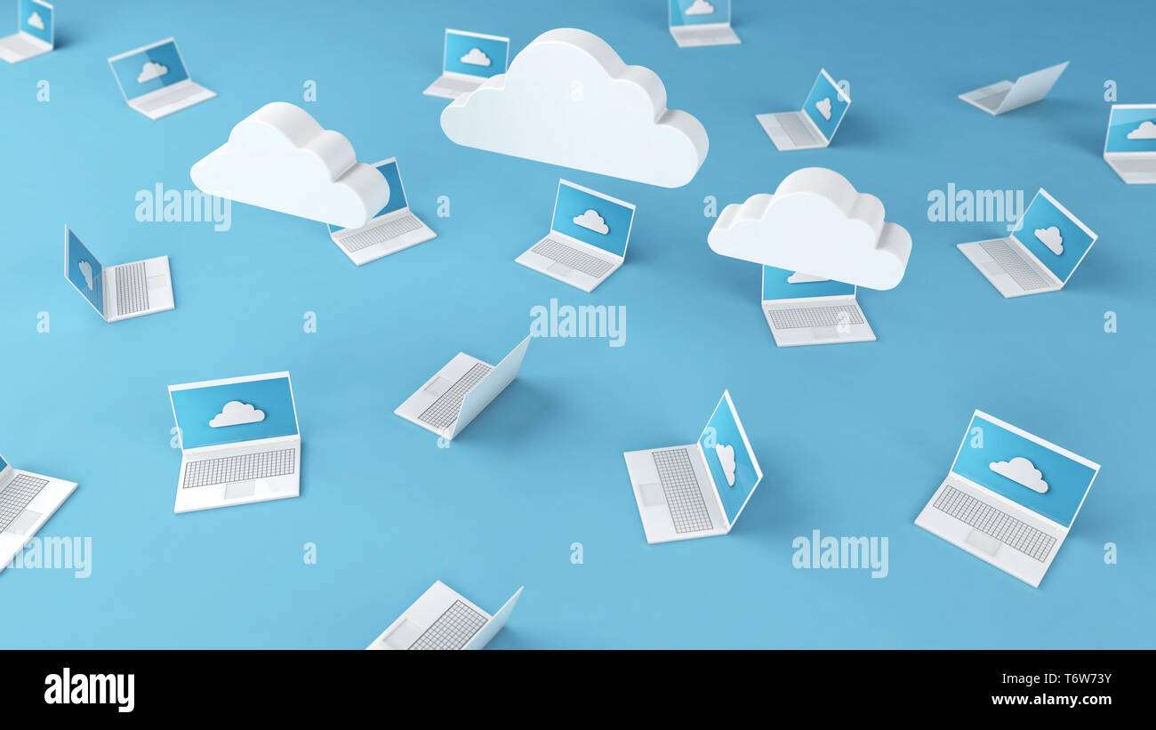 Bunch of notebook computers under clouds computing concept 3d ...