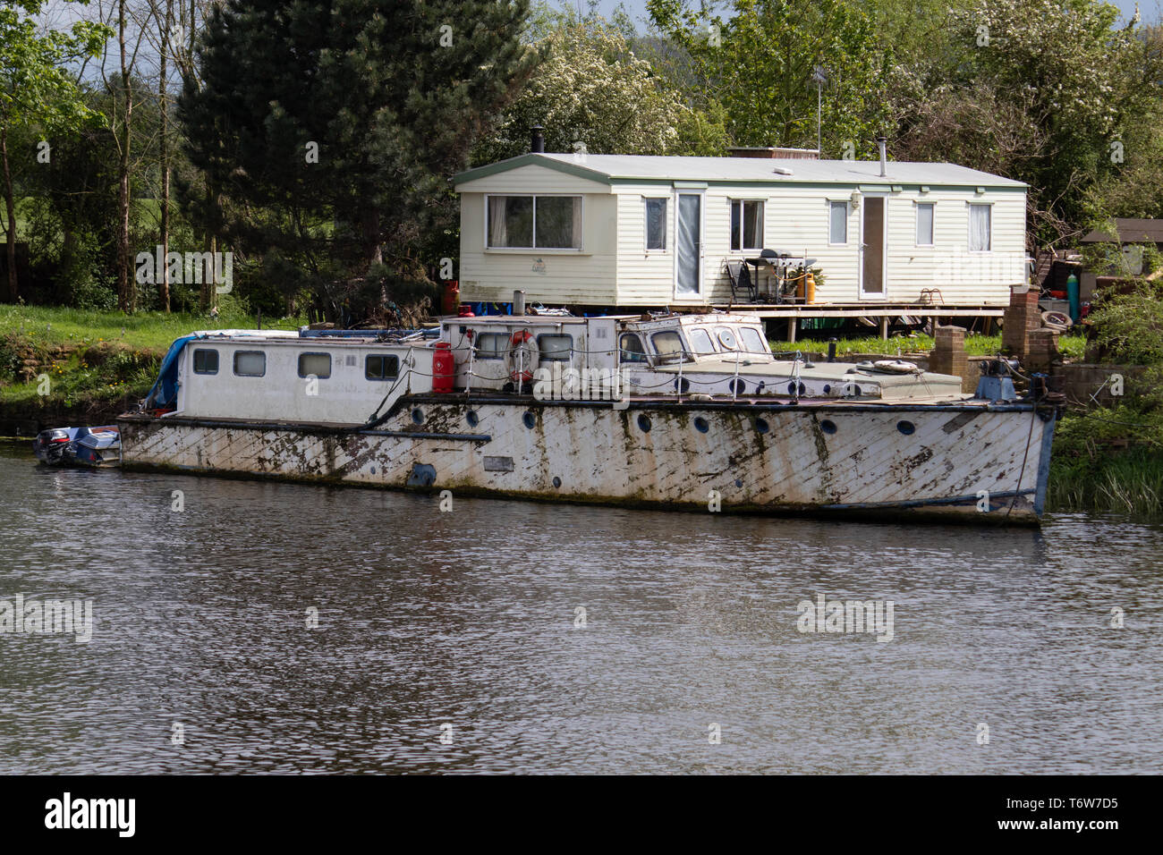 Old Wooden Run Down Vintage House Boat/Cruiser Moored on the River ...