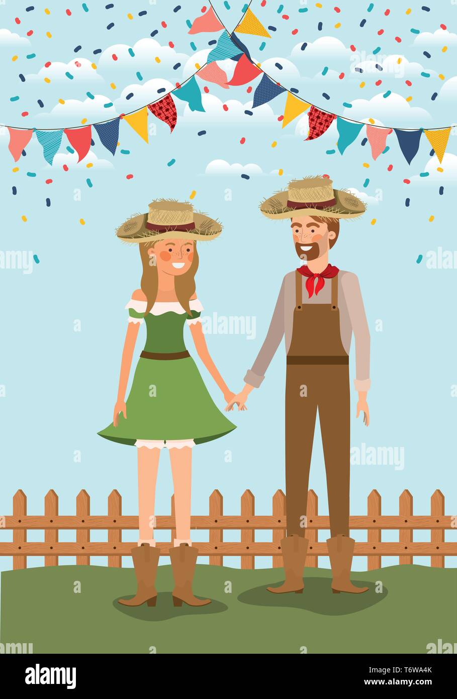 farmers couple celebrating with garlands and fence Stock Vector Image ...