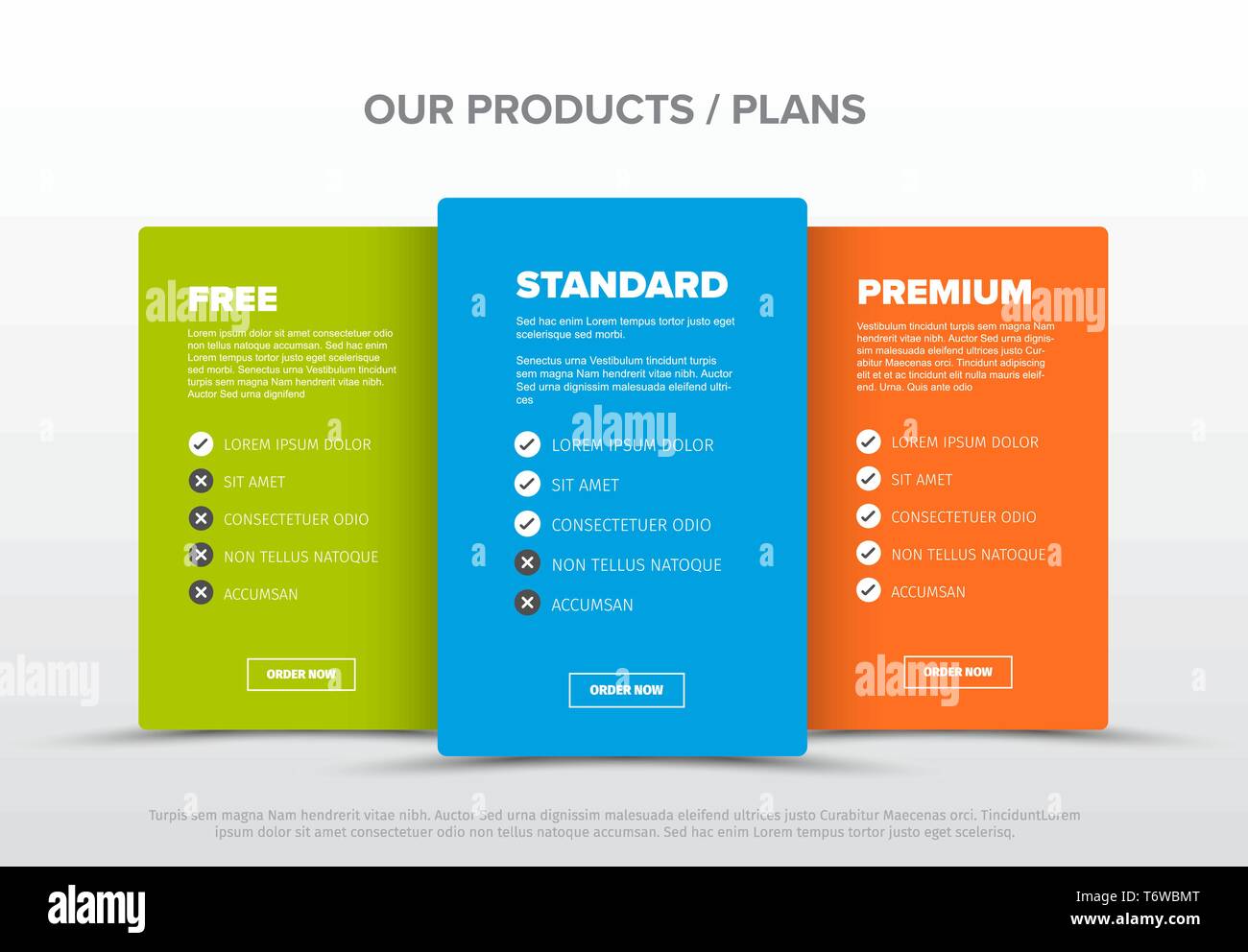 Product features schema template cards with three services, feature ...
