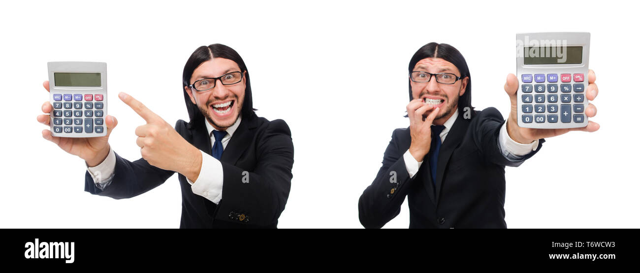 Man with calculator isolated on white Stock Photo - Alamy