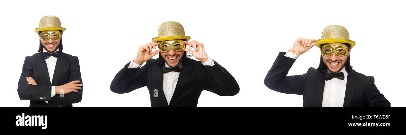 Funny man wearing mask isolated on white Stock Photo - Alamy