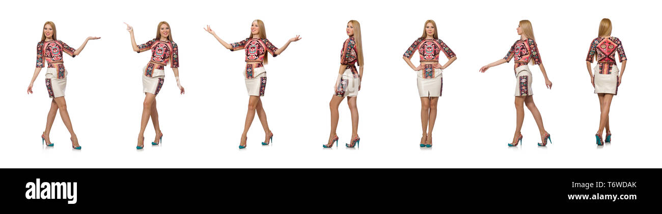 Pretty model in clothes with carpet prints isolated on white Stock ...