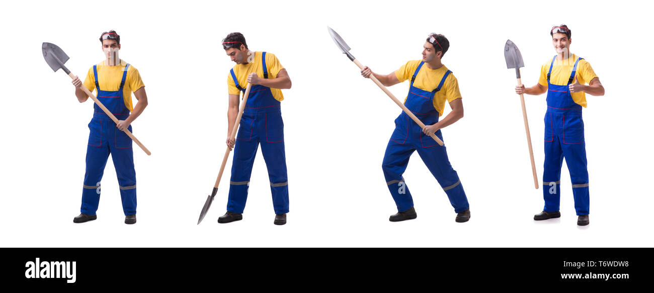 Contractor in blue coveralls with spade on white background Stock Photo ...