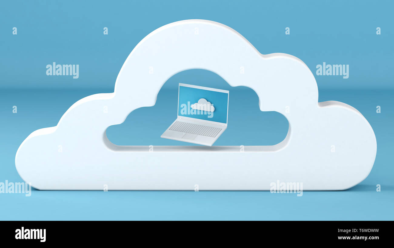 Notebook computer inside cloud computing concept 3d illustration Stock ...