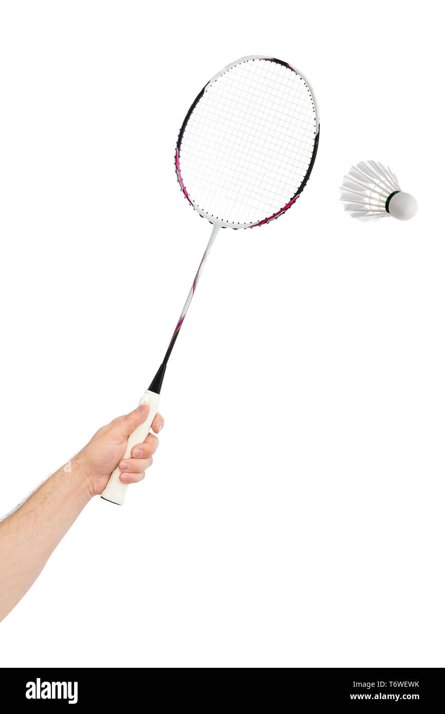 Hand with badminton racket and feather shuttlecock Stock Photo - Alamy