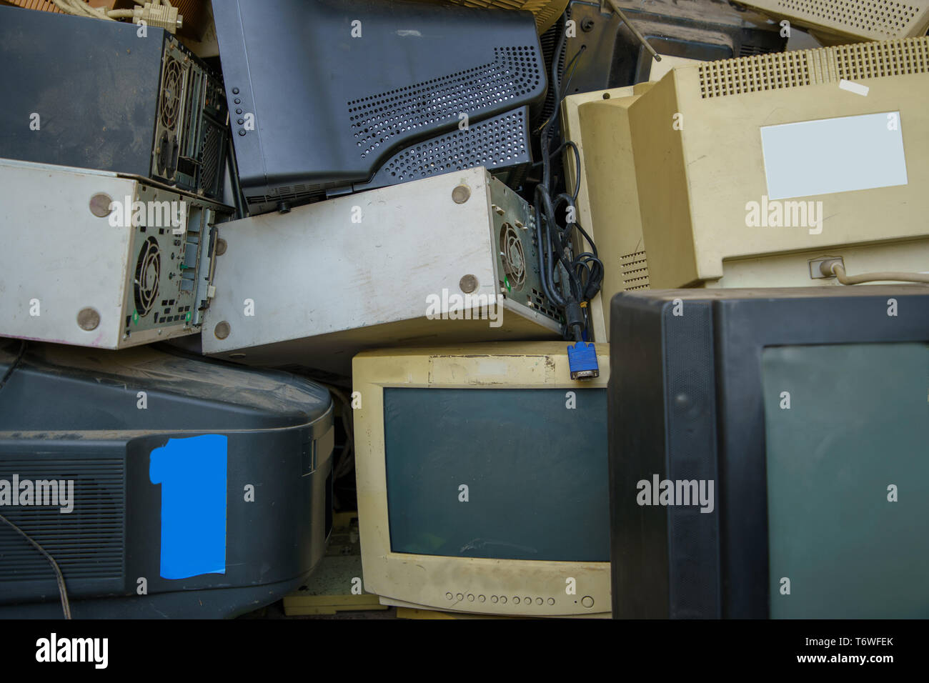 electronic waste stack together Monitor, Printer, desktop computer, fax ...
