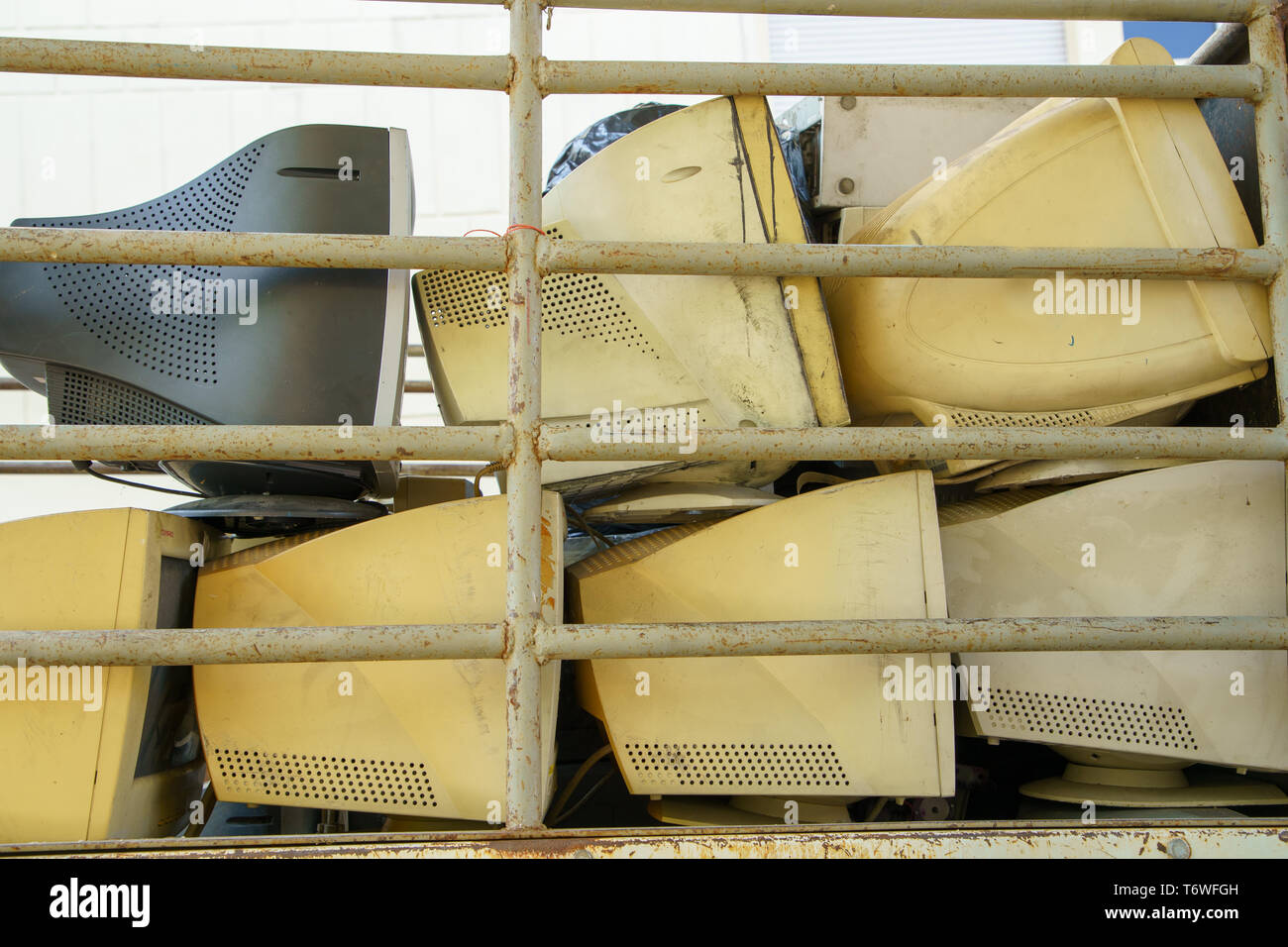 electronic waste stack together Monitor, Printer, desktop computer, fax ...