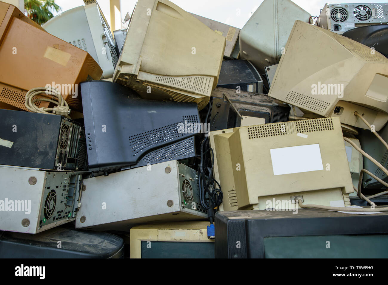 electronic waste stack together Monitor, Printer, desktop computer, fax ...