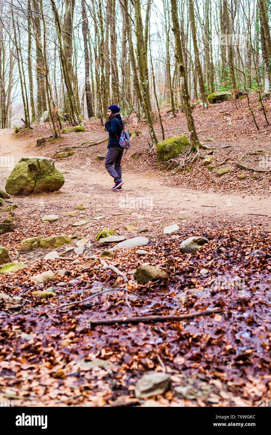 Side view of woman with backpack walking on trail into forest in autum ...