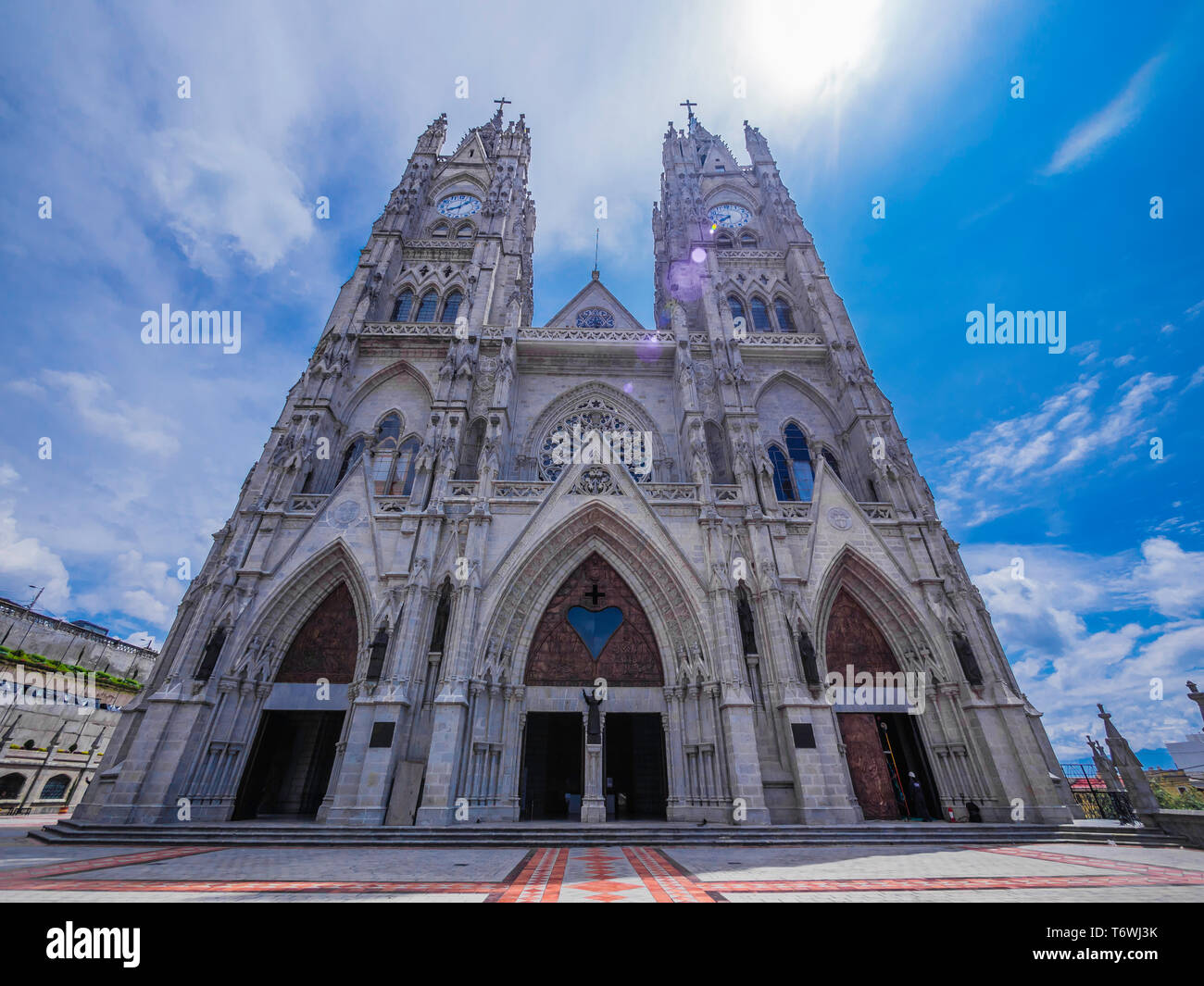 Beautiful facade of Basilica del Voto Nacional Church in Quito, Ecuador ...