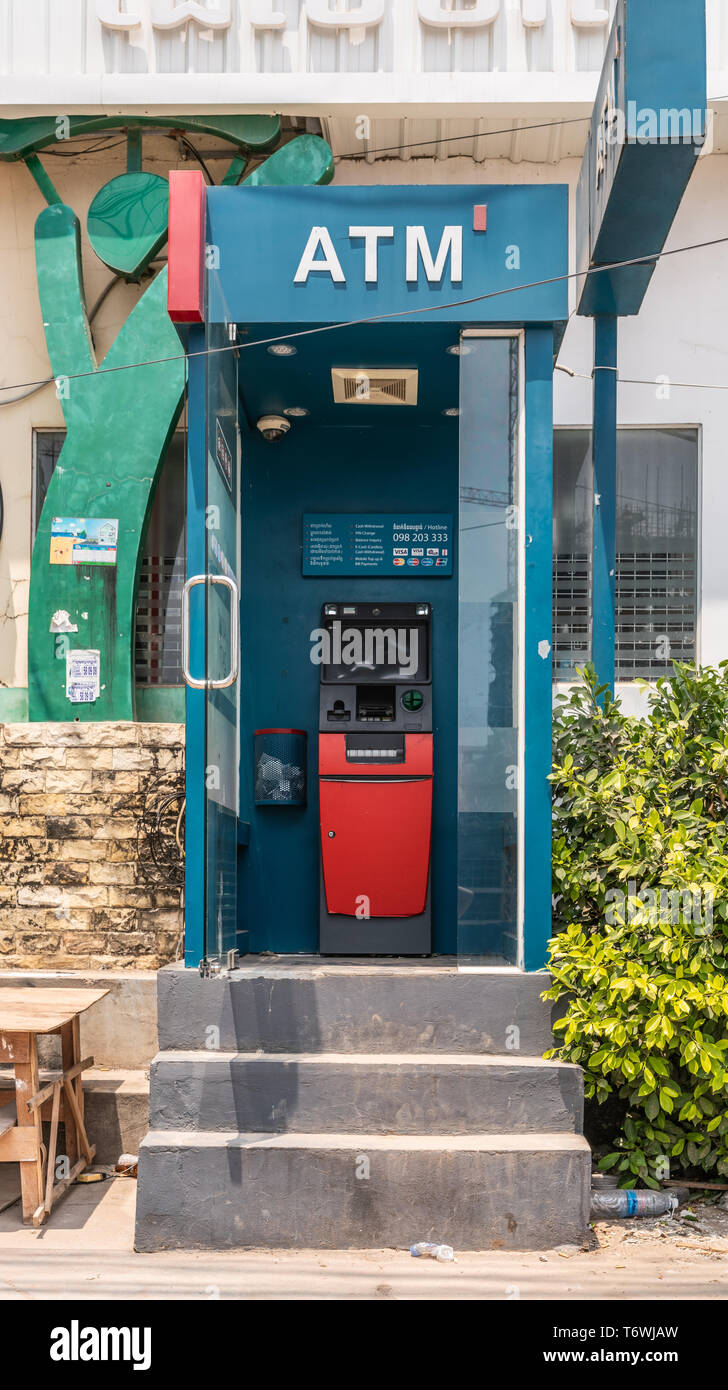 Sihanoukville, Cambodia - March 15, 2019: Blue and red money dispensing ...