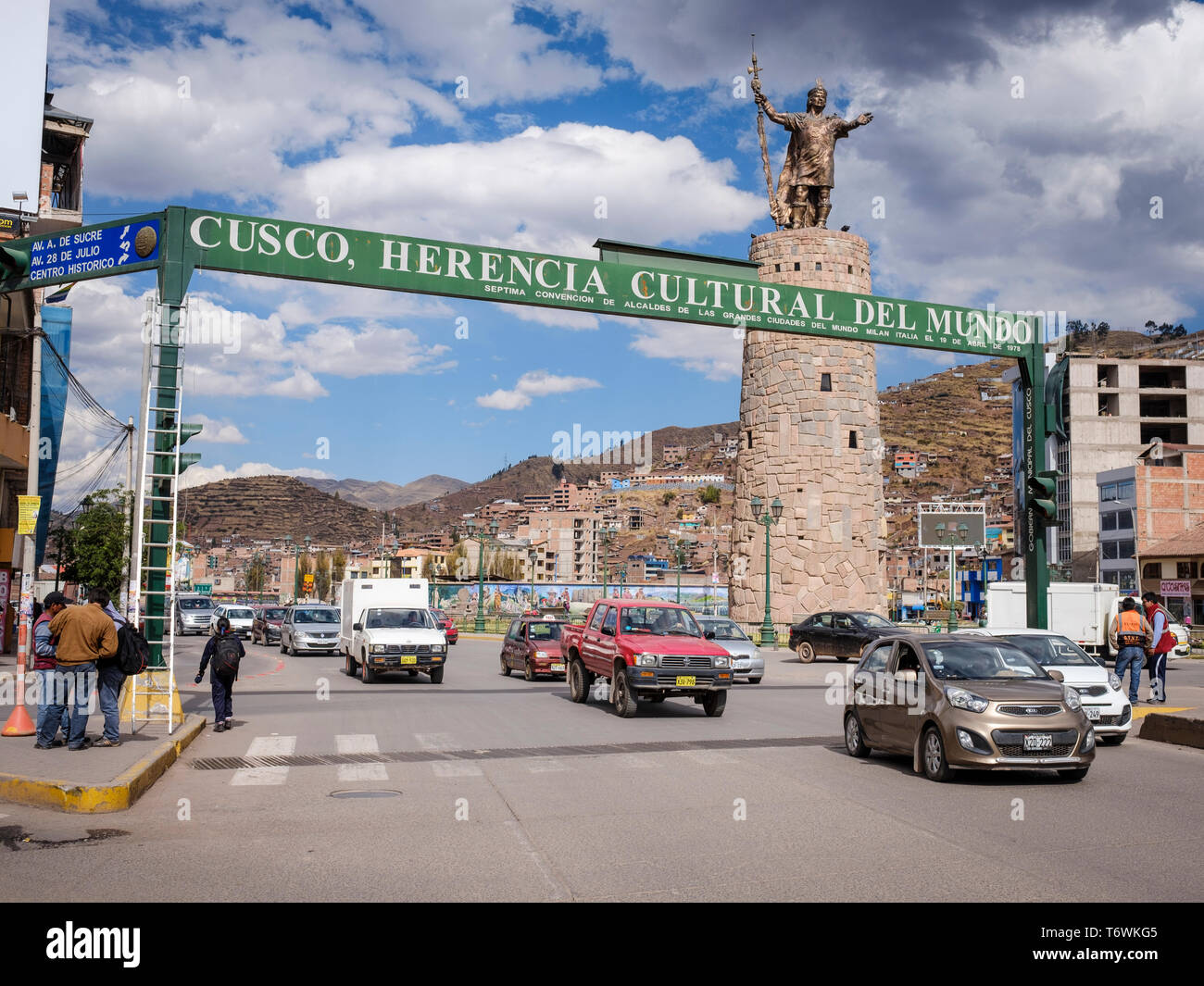 Cusco World Heritage signboard with the Inca Tower featuring King ...